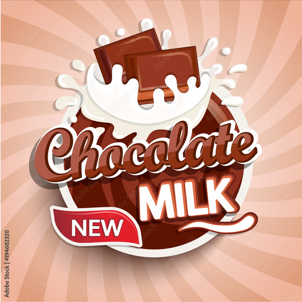 Label, logo of fresh chocolate milk on sunburst background. Milky ...