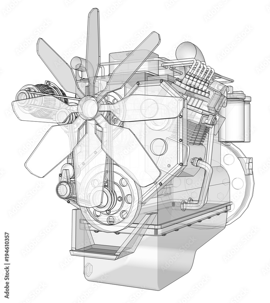 A big diesel engine with the truck depicted in the contour lines on ...