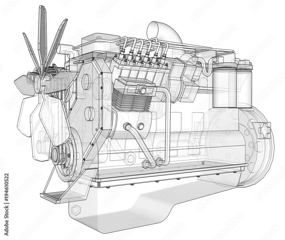 Poster A big diesel engine with the truck depicted in the contour lines ...