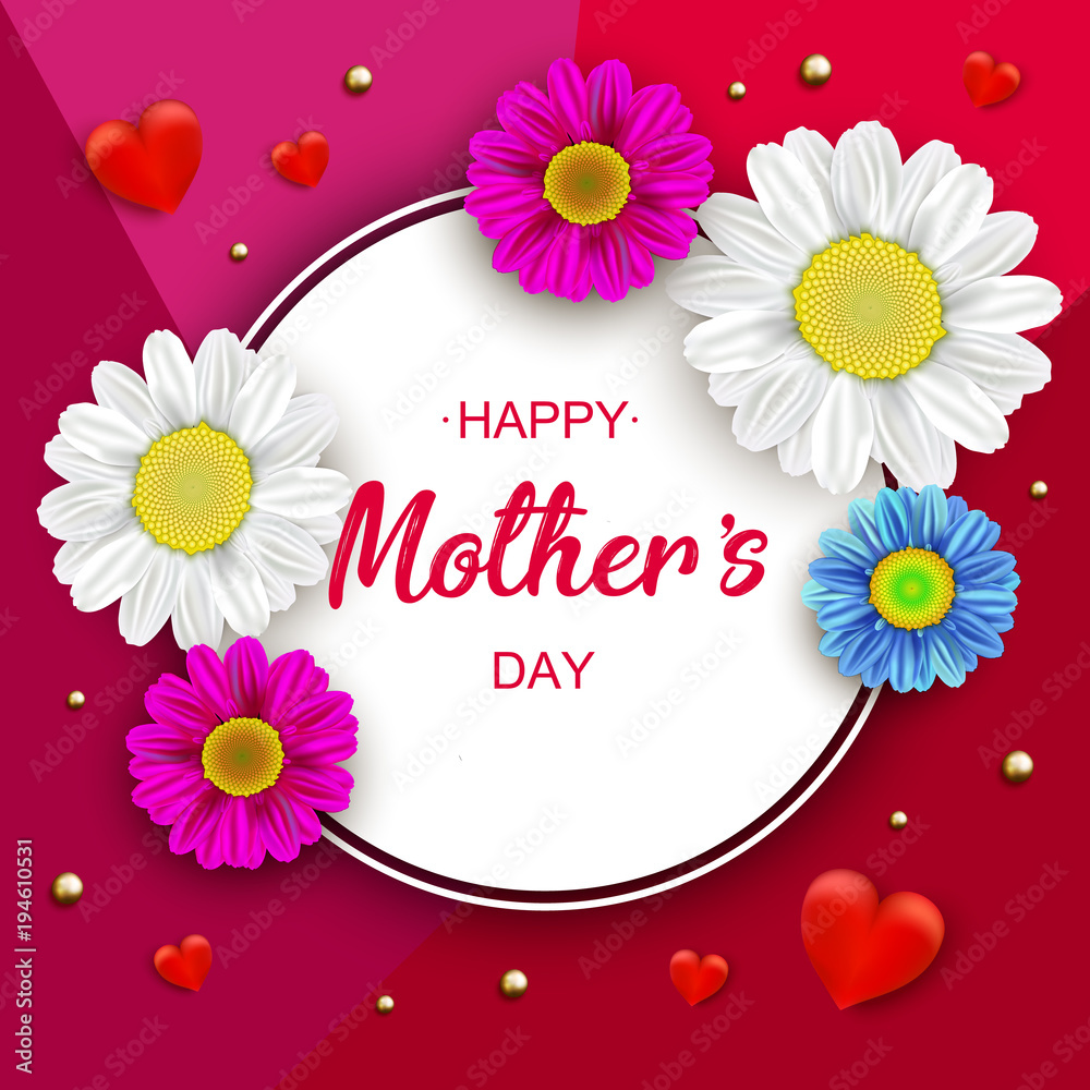 Happy Mothers Day Layout Design With Flowers Hearts Gold Dotted