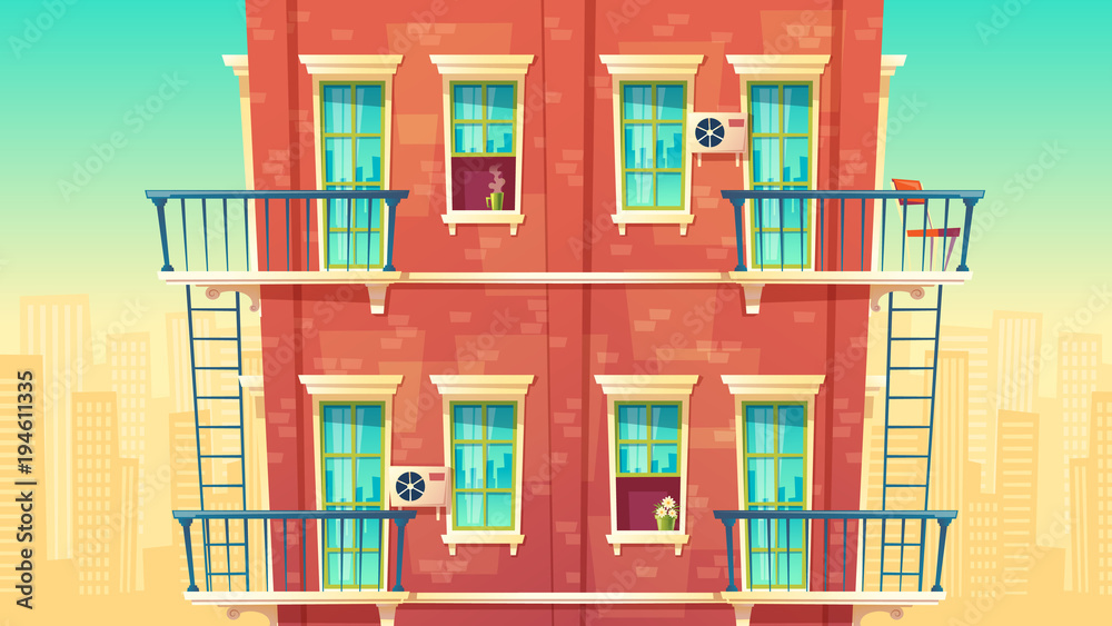Vector illustration of facade residential multi-storey apartment, house ...