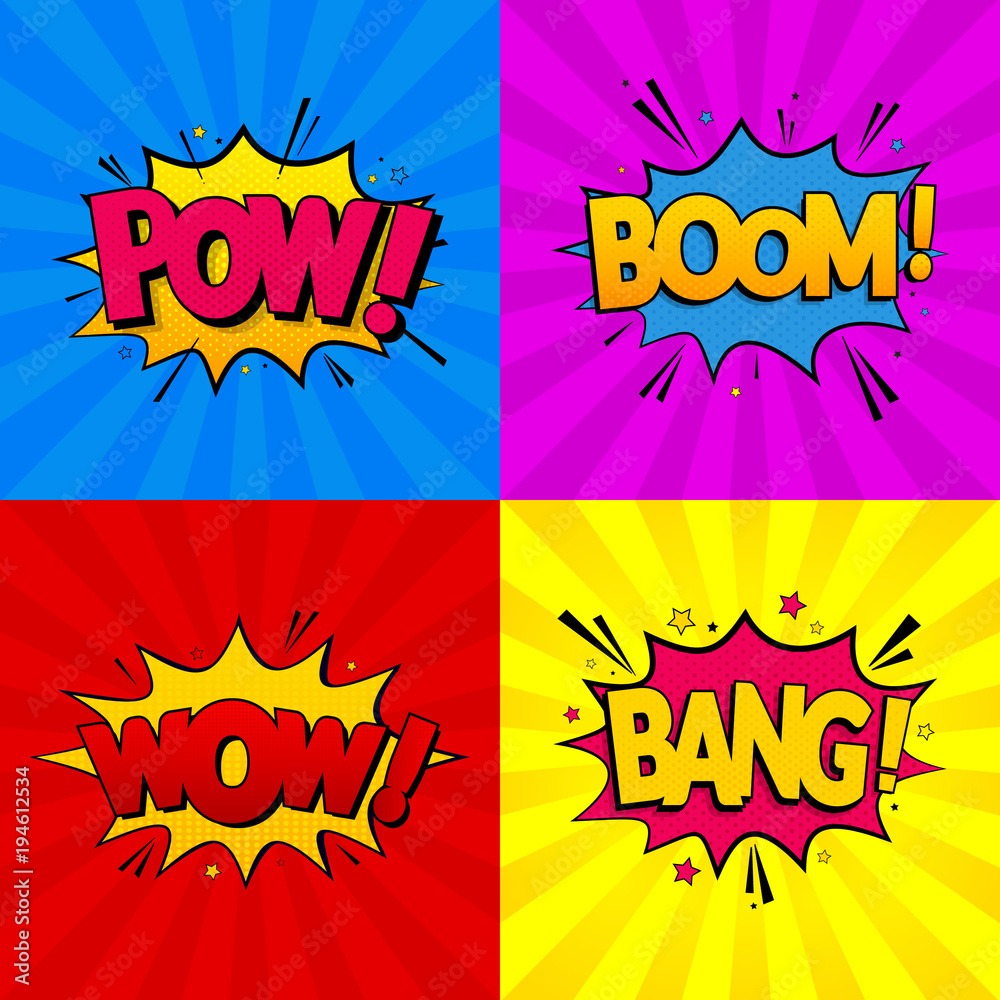 Set of comic expressions Boom, Pow, Wow, Bang on colored backgrounds. Pop Art style. Vector ...