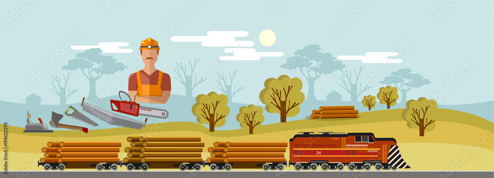 Logging industry banner. Woodcutter, deforestation, preparation of ...