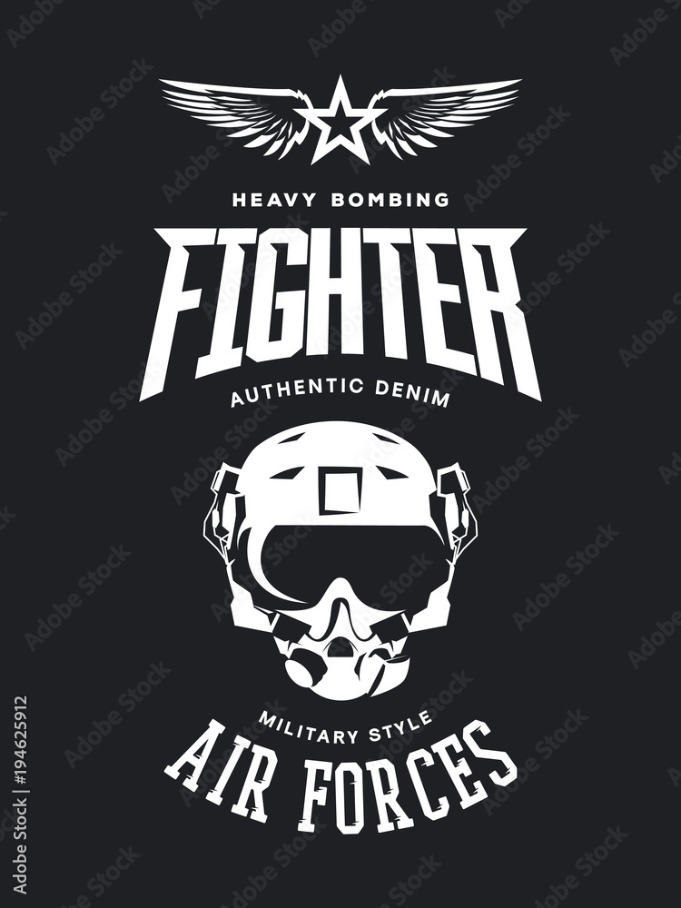Vintage fighter pilot helmet vector logo isolated on dark background ...