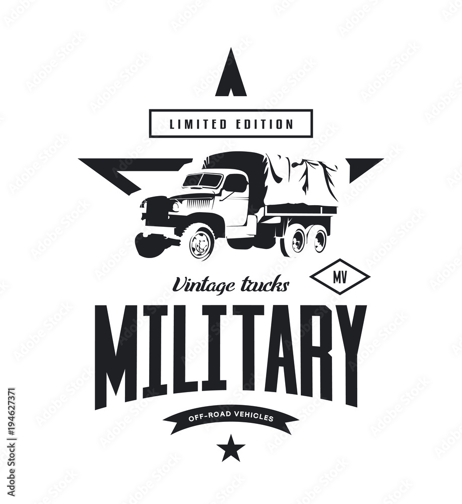 Vintage military truck vector logo isolated on white background ...