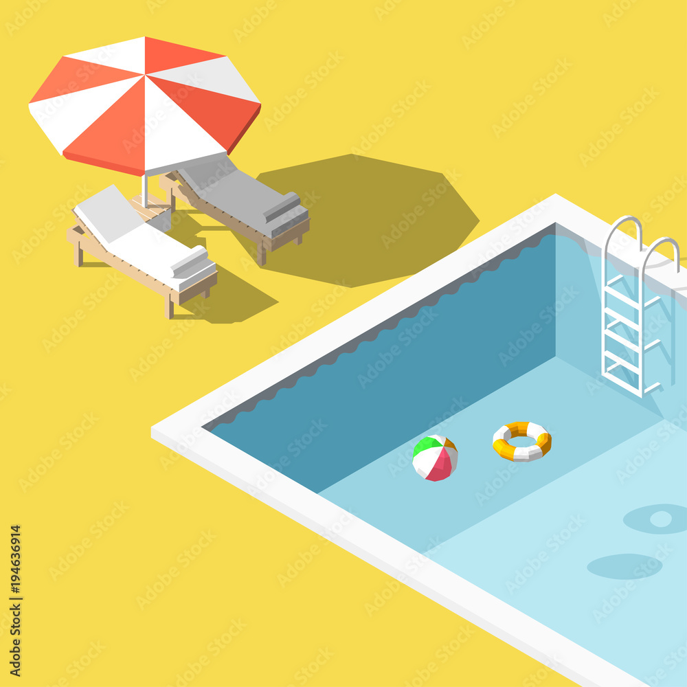 Vector illustration Isometric low poly Chaise lounges in swimming pool ...