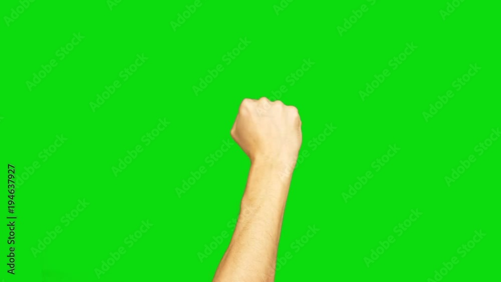 Male rising fist up on right hand isolated on green background Stock ...