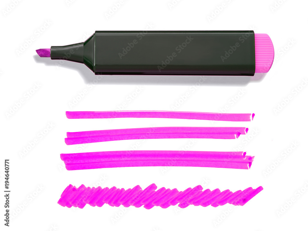 Pink Highlighter Pen and Doodles Isolated on White Background with Real ...