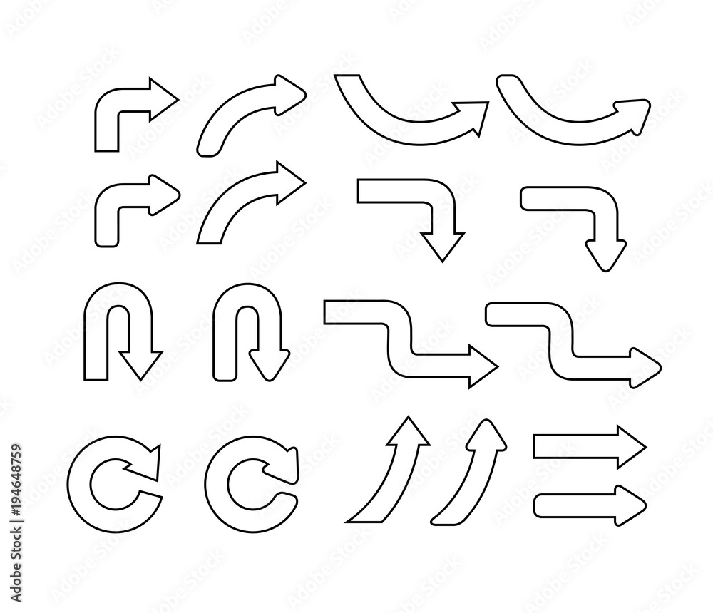 Set of curve outline arrows. Collection of pointers. Vector ...