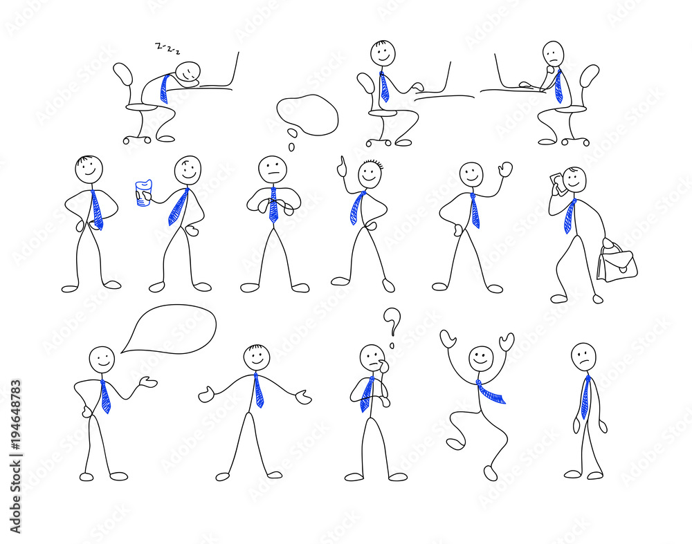 Vetor de Collection of stick figures. Set of doodle style men in office ...