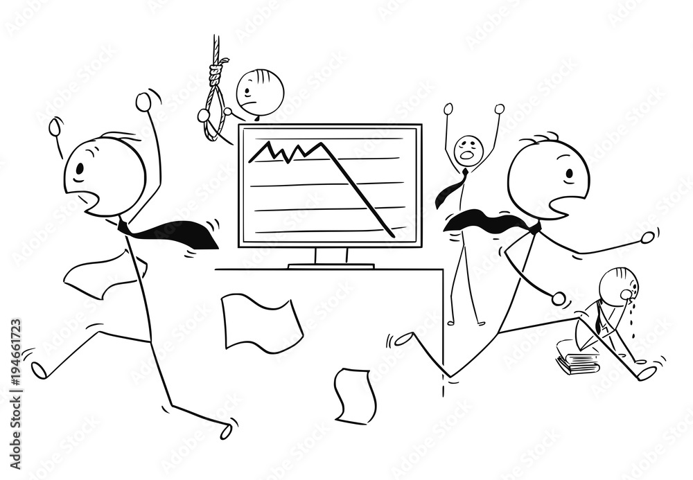 Cartoon stick man drawing conceptual illustration of scared businessmen ...
