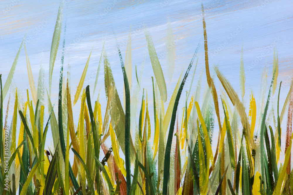 Macro, close-up Green grass against the blue sky oil painting artwork ...