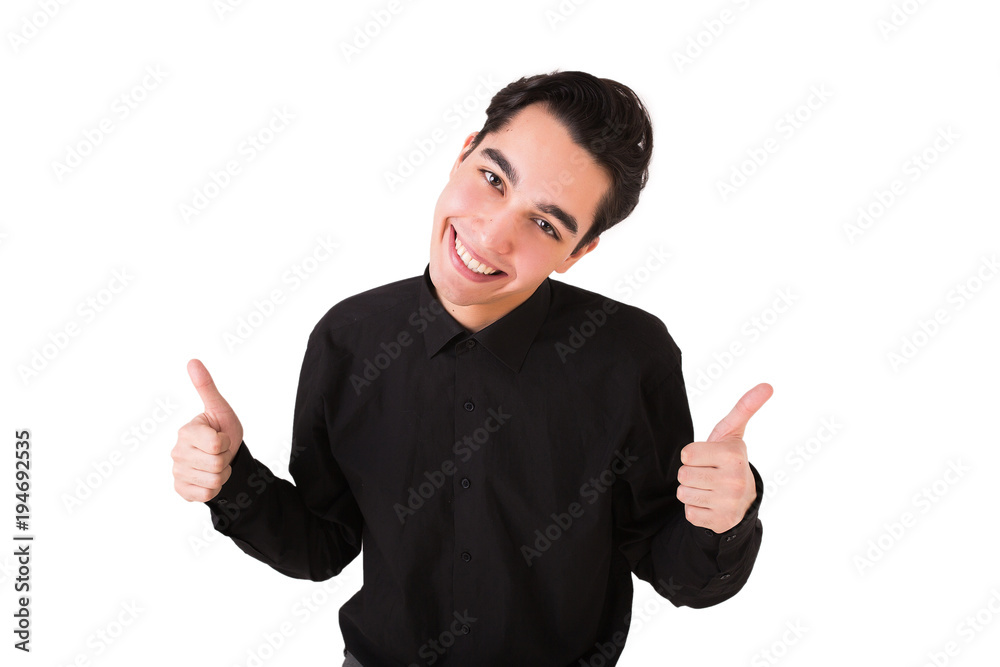 Happy smiling young handsome man showing thumbs up isolated over white ...