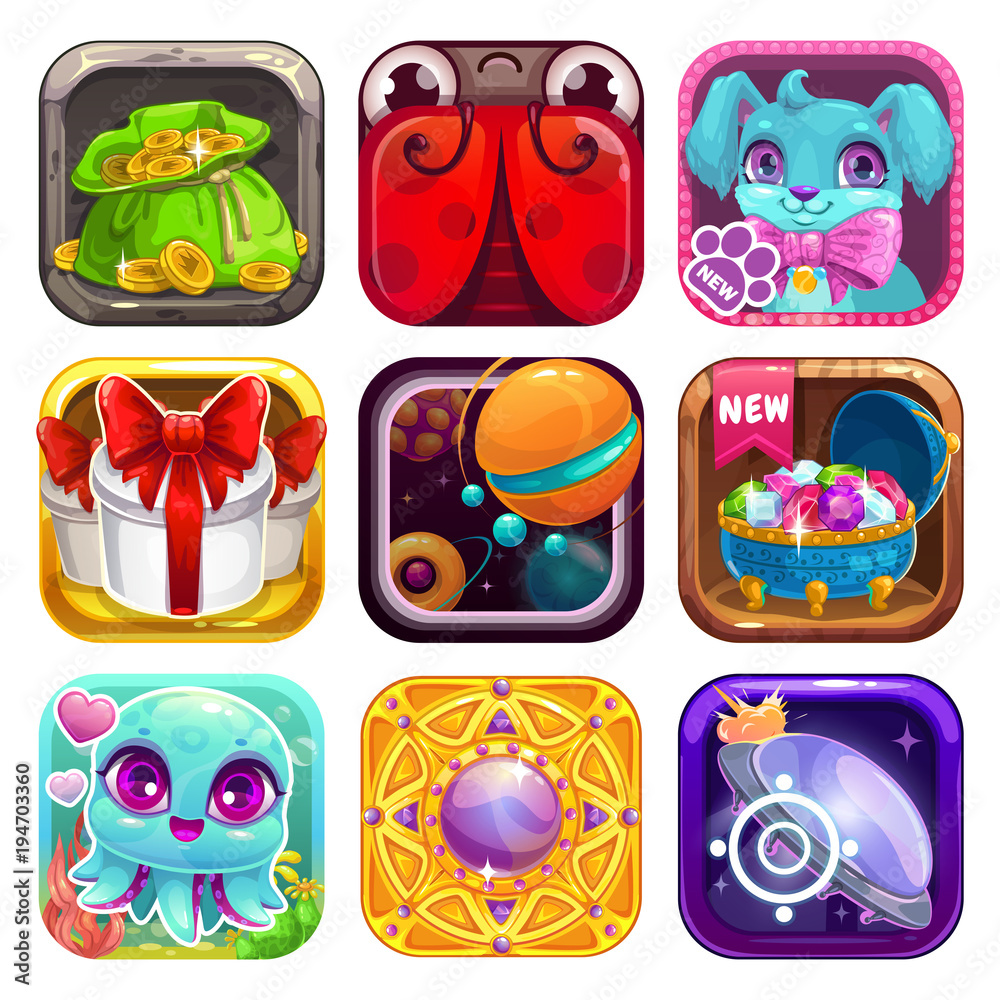 Cartoon app icons for game or web design Stock Vector | Adobe Stock