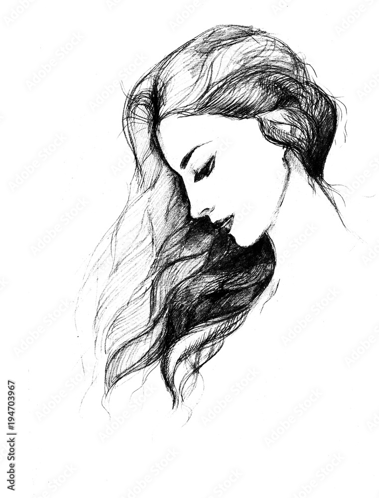 Sketch of a female profile with long hair. Graphics on a white ...