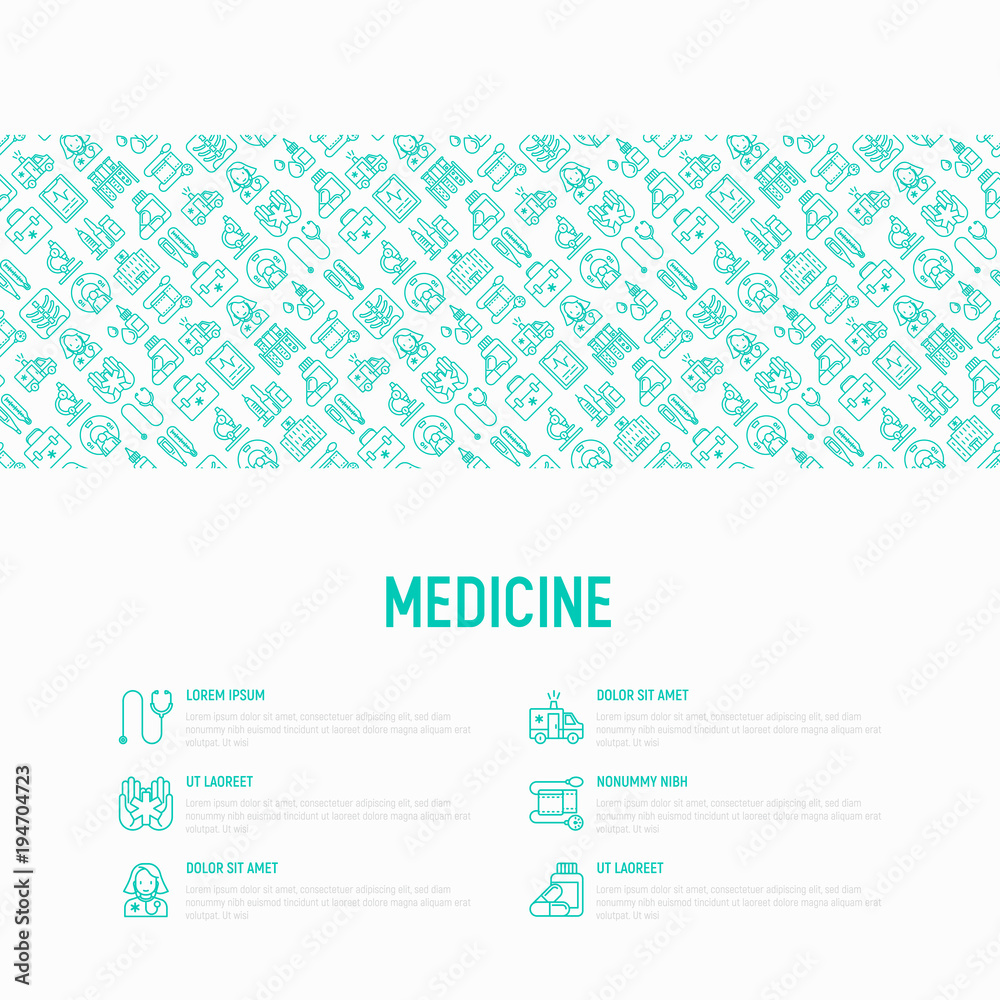 Medicine concept with thin line icons: doctor, ambulance, stethoscope ...