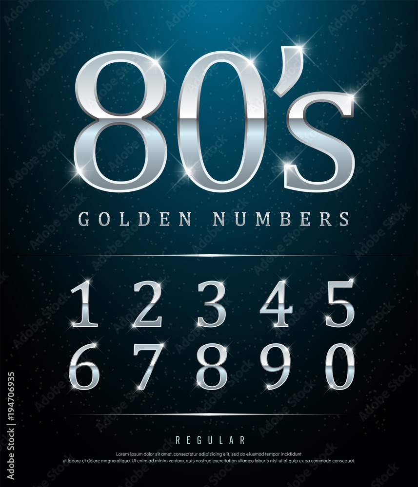 80s Retro Elegant Numbers silver Colored Metal Chrome alphabet font ...