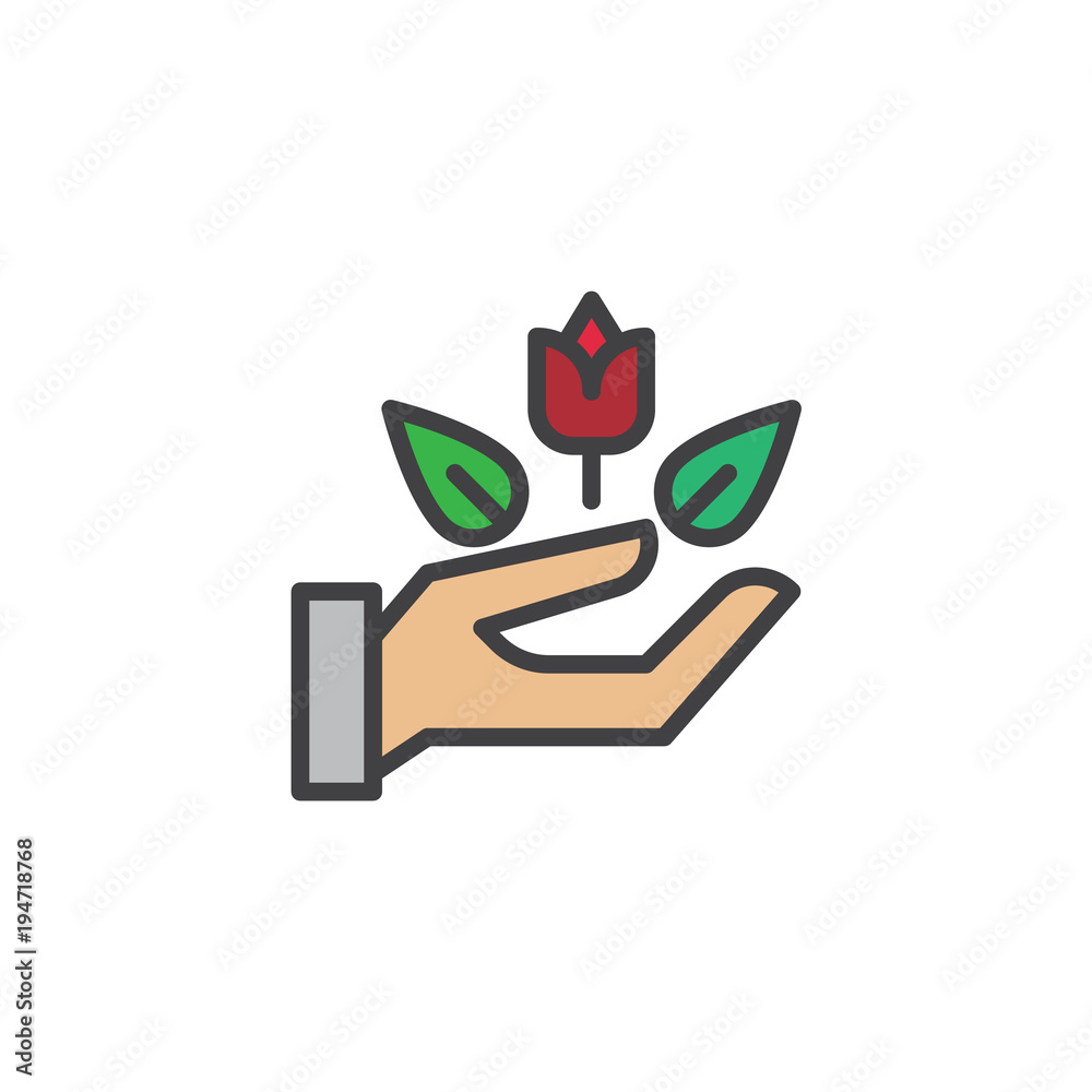 Rose flower in hand filled outline icon, line vector sign, linear ...