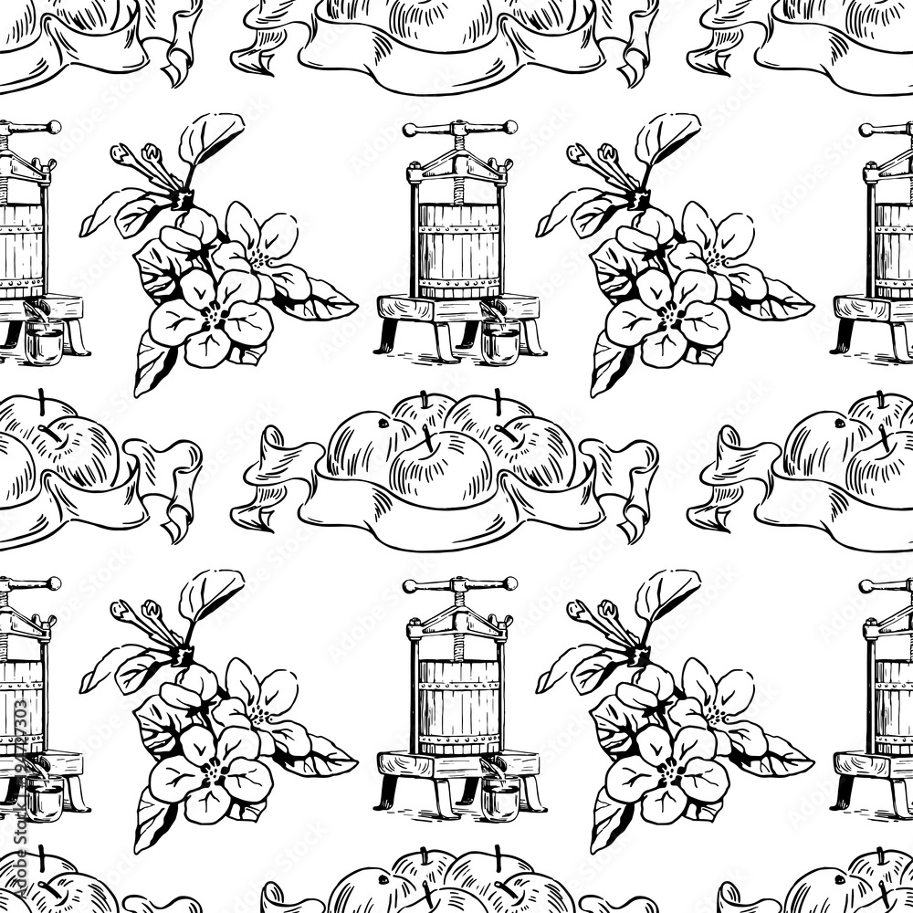 Vector seamless pattern with presses for squeezing, apple labels and ...