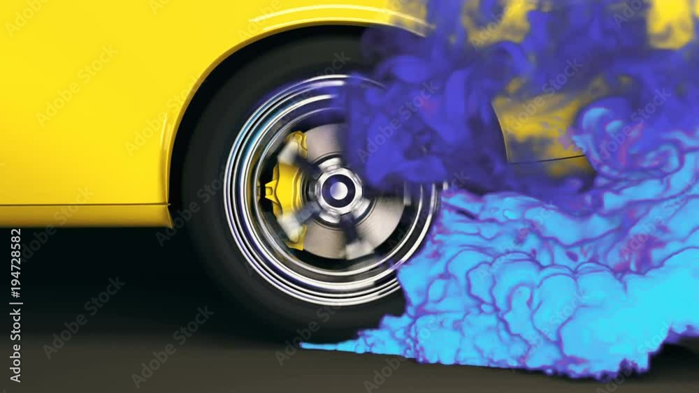 Bright yellow muscle car with chrome rims performs a burnout creating ...