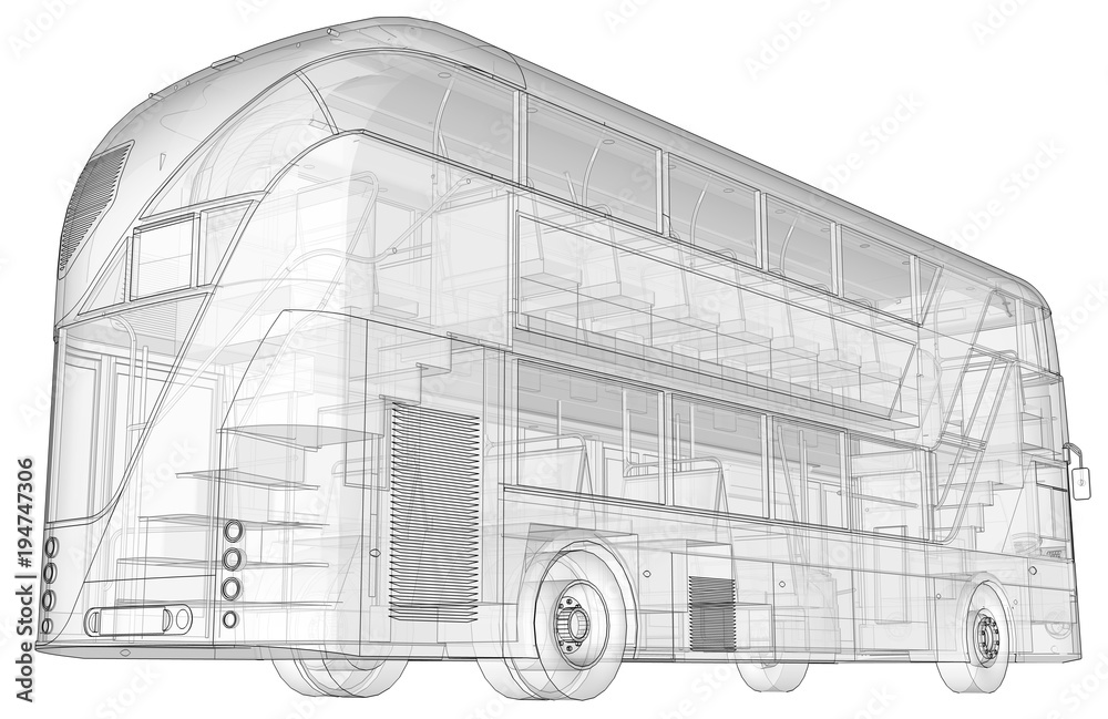 A double-decker bus, a translucent casing under which many interior ...