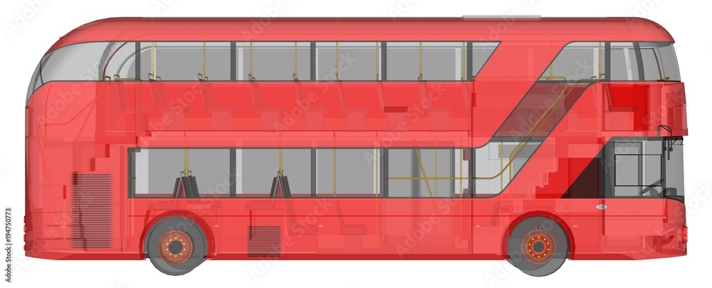 A double-decker bus, a translucent casing under which many interior ...