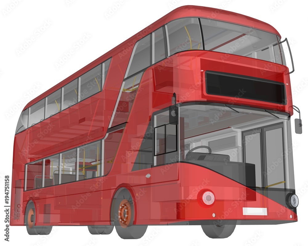 A double-decker bus, a translucent casing under which many interior ...