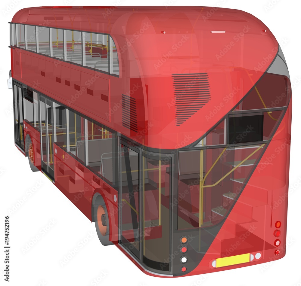 A double-decker bus, a translucent casing under which many interior ...
