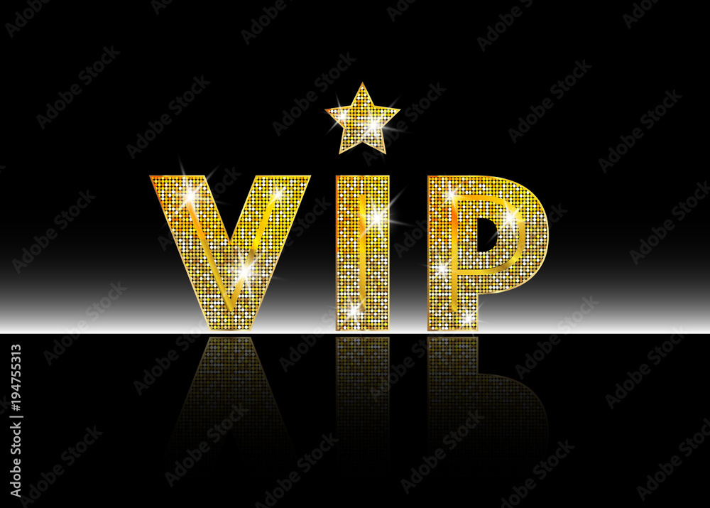 Golden symbol of exclusivity, the label VIP with glitter. Very ...