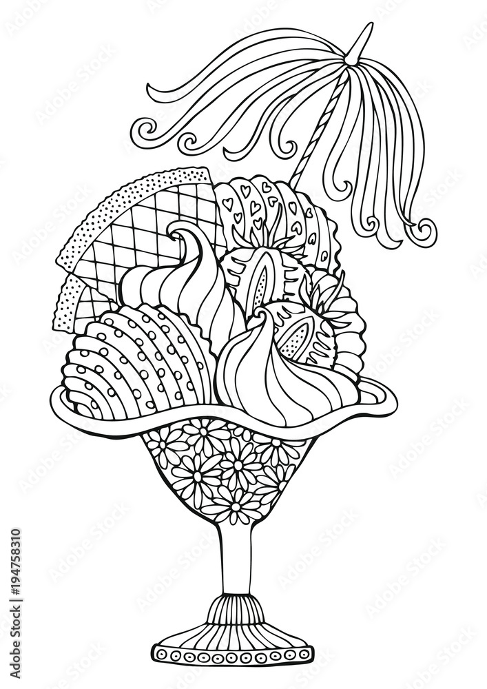 Sundae with strawberry. Hand drawn picture. Sketch for anti-stress ...