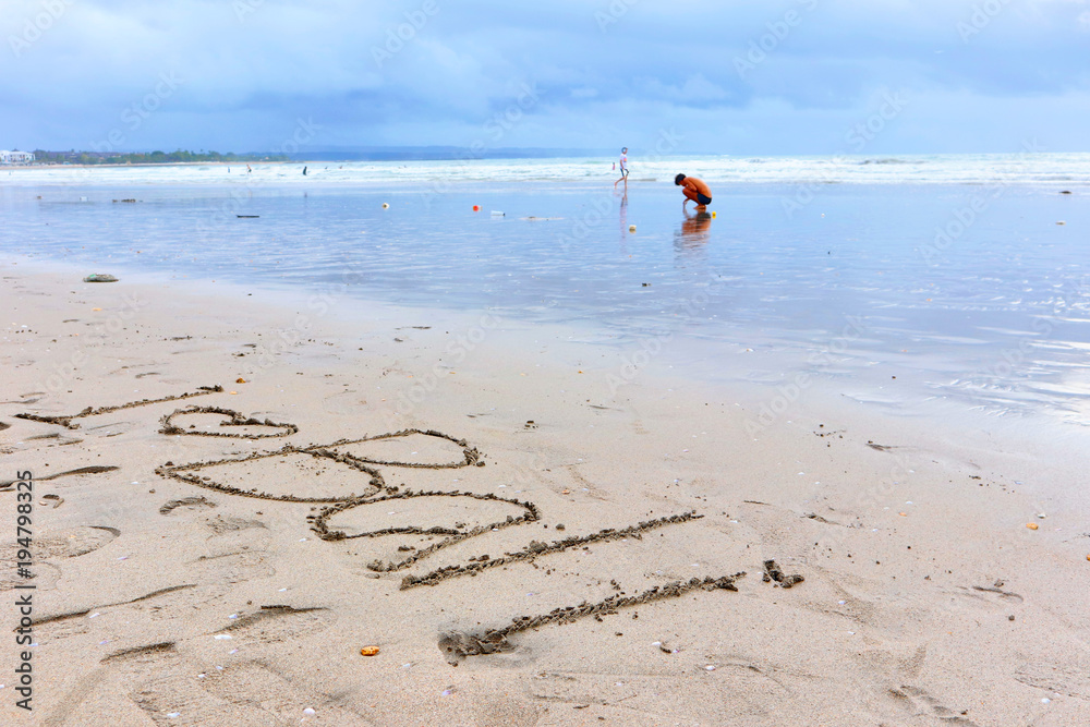 "I Love Bali" drawing on the Sands, at Kuta Beach. Stock Photo | Adobe ...