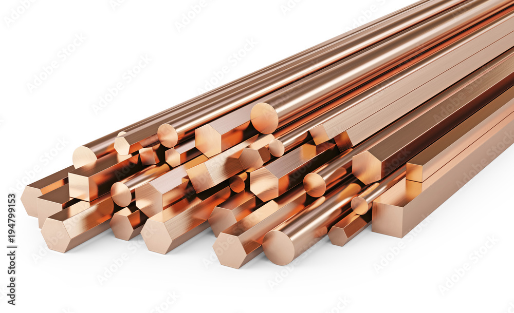 Copper rods of different types. Isolated on white background, clipping ...