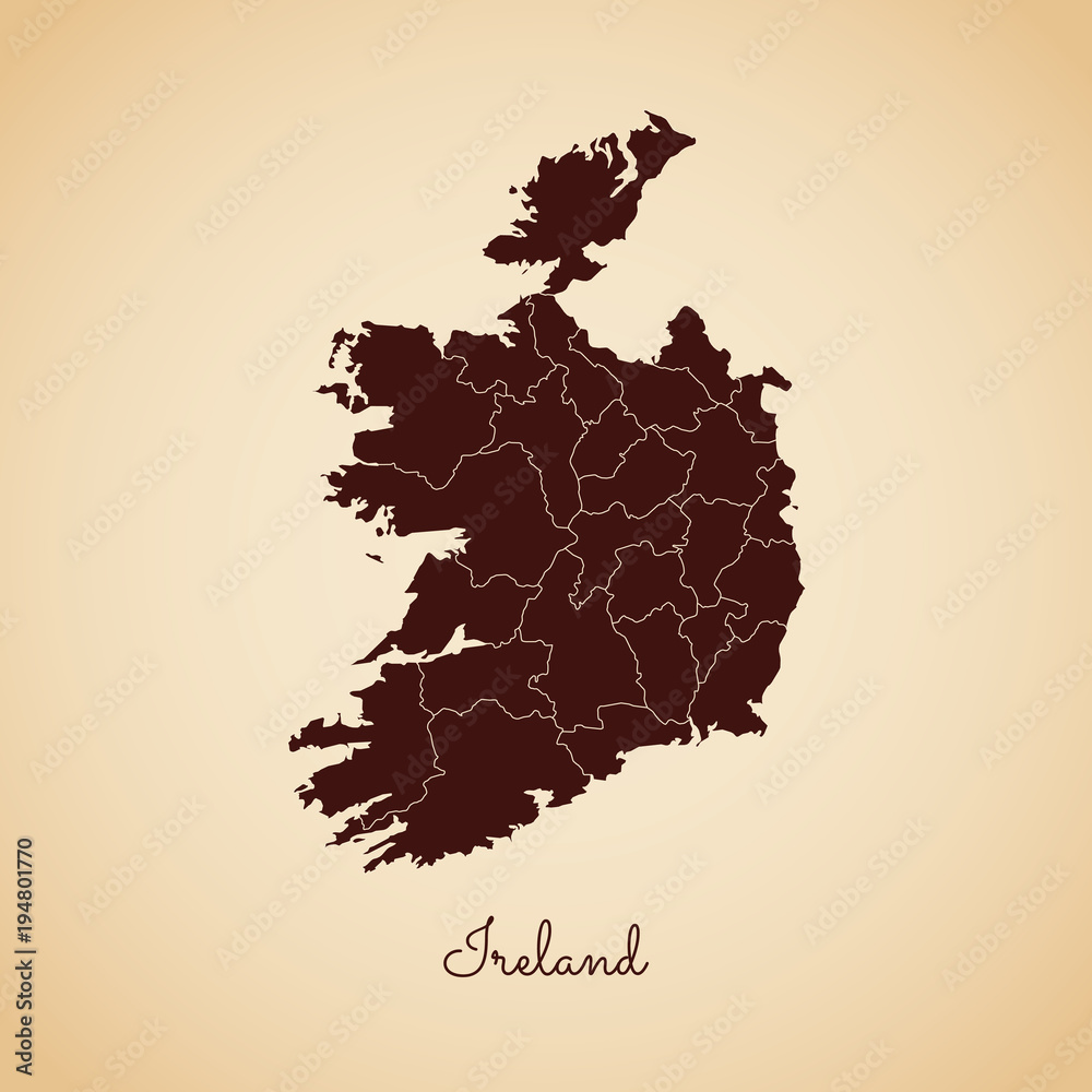 Ireland region map: retro style brown outline on old paper background ...