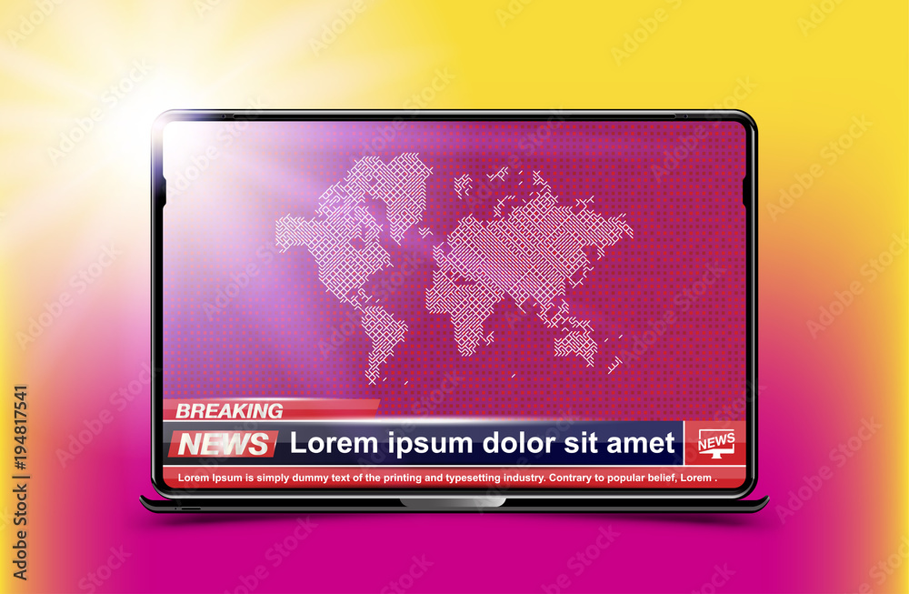 Banner Breaking News template in realistic laptop on colour background ...