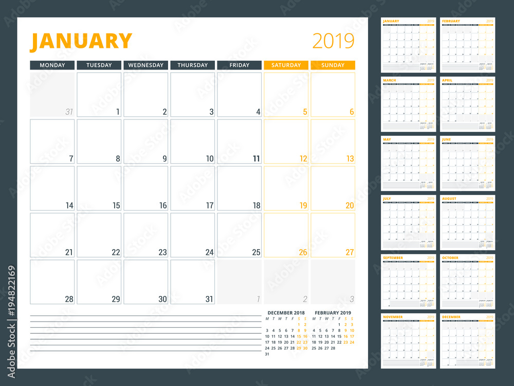 Calendar planner template for 2019 year. Week starts on Monday. Vector ...