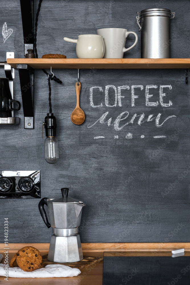 Inscription "Coffee Menu" with chalk on a black wall Kitchens in the ...