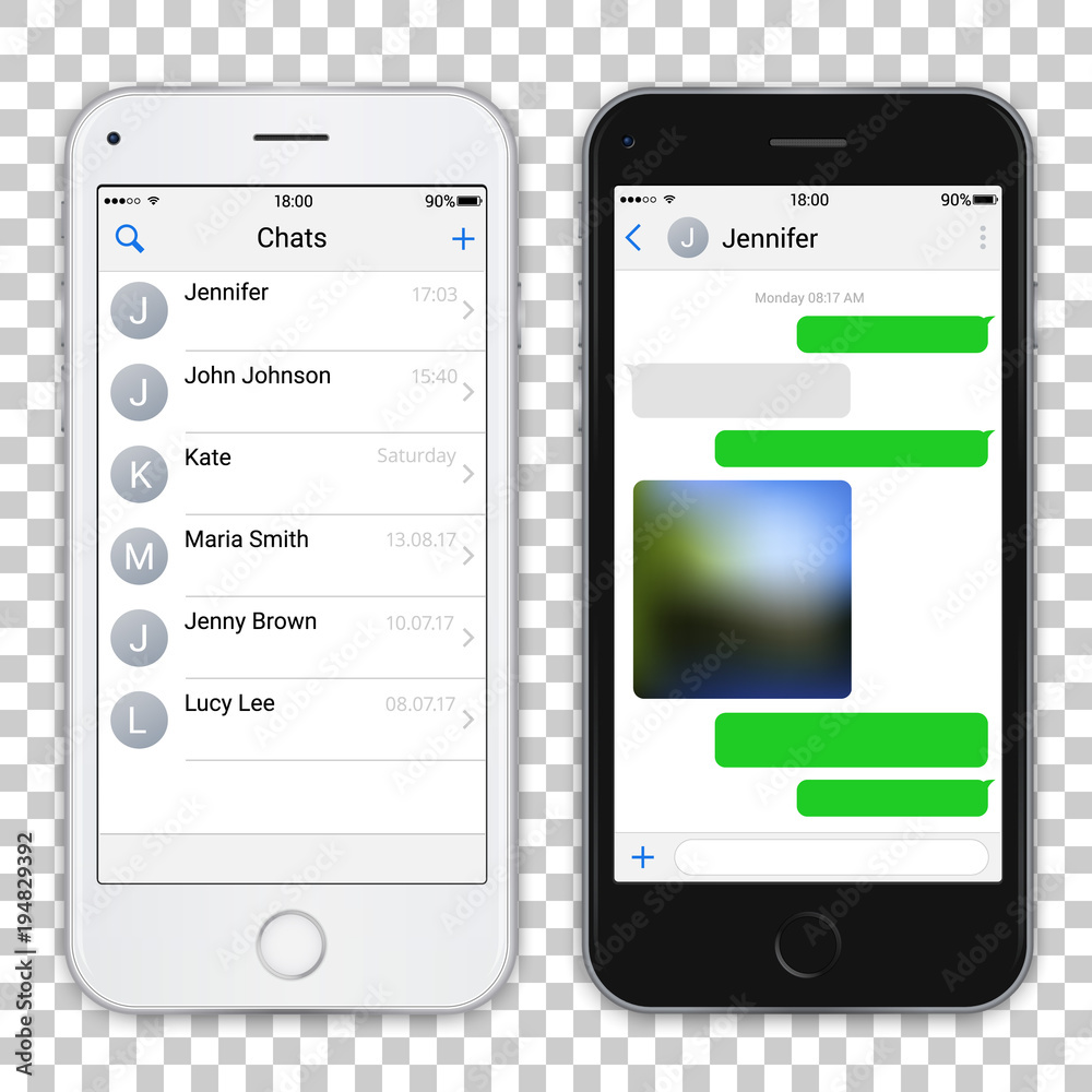 Two chat screens templates, Contacts page mockup and text bubbles ...