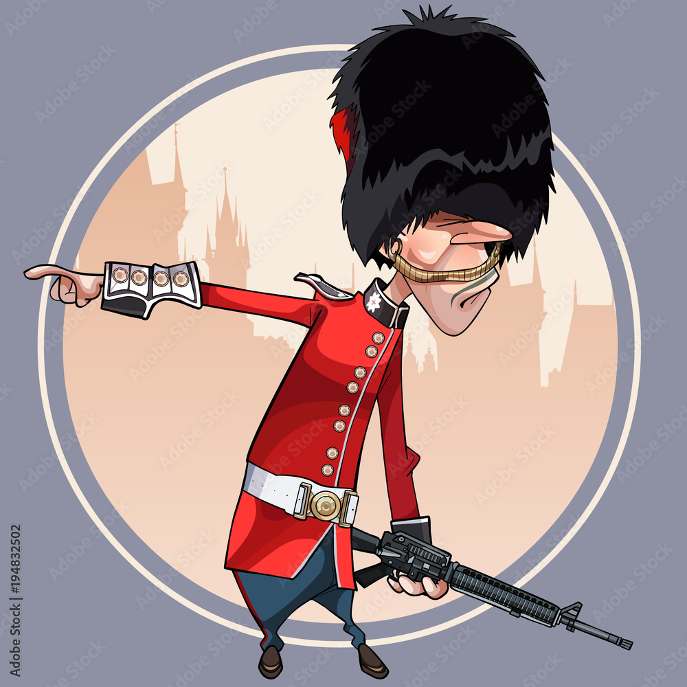 cartoon soldier of the Royal Guard points a finger to the side Stock ...