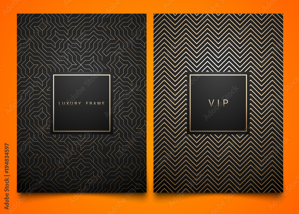 Vector set black packaging templates with different golden linear ...