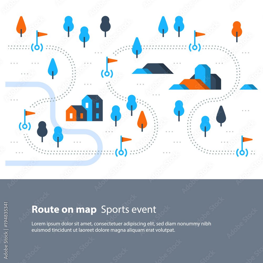 Trail map with flags, outdoor sport activity, countryside landscape ...