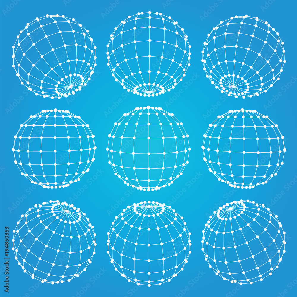 Set of 3d spheres globe earth grid from different sides. Horizontal and ...