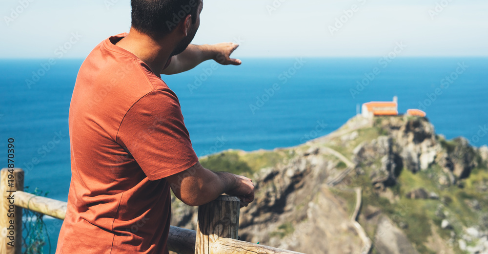 Tourist traveler photographer enjoy pictures sea scape on photo camera ...