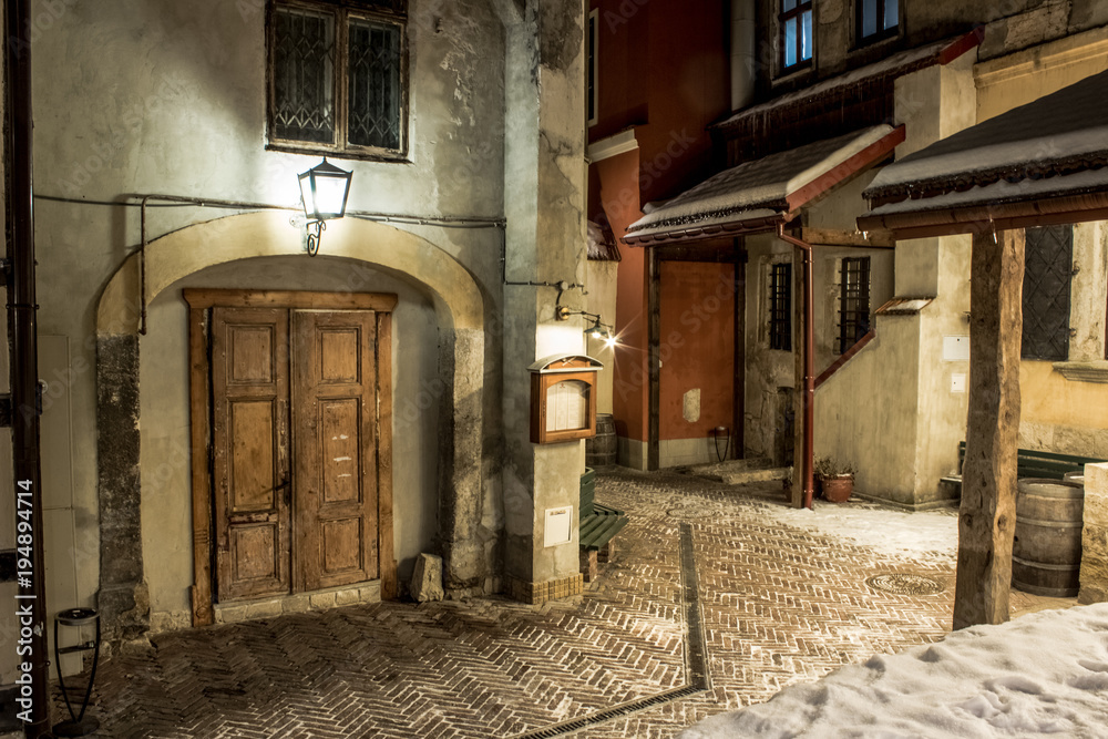 Night street with poor building in slum and ghetto district Stock Photo ...