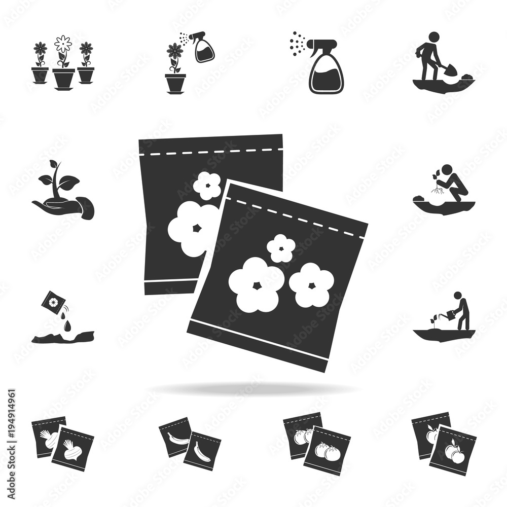 flower seeds in packaging icon. Detailed set of garden tools and ...