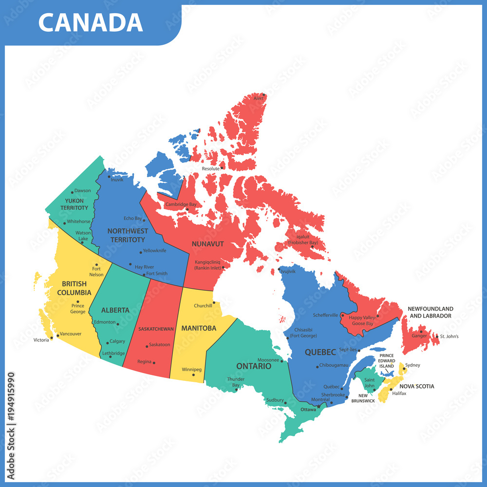 The detailed map of the Canada with regions or states and cities ...
