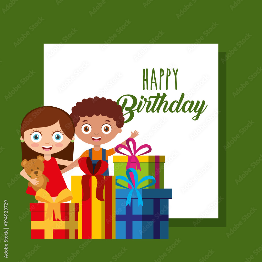 little boy and girl and gift boxes happy birthday card vector ...