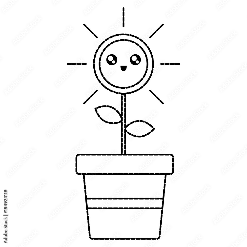 flat line uncolored flowerpot sticker with kawaii sunflower plant over ...