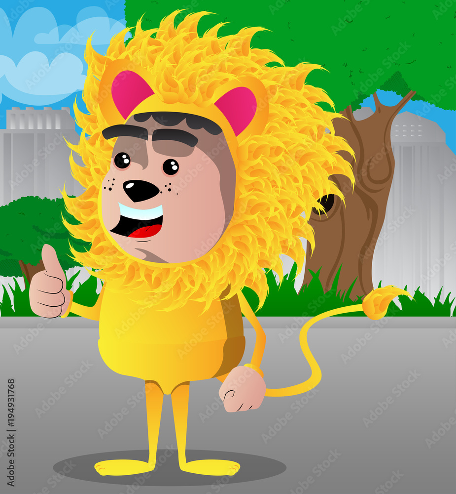 Boy dressed as lion making thumbs up sign. Vector cartoon character ...