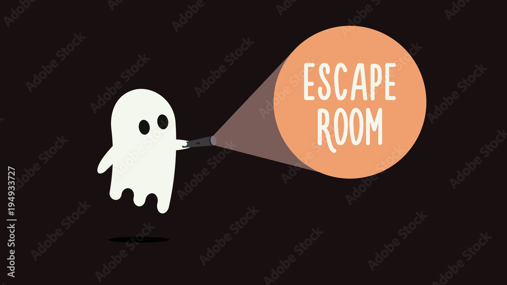 Escape Room games background concept with ghost and flashlight. Vector ...