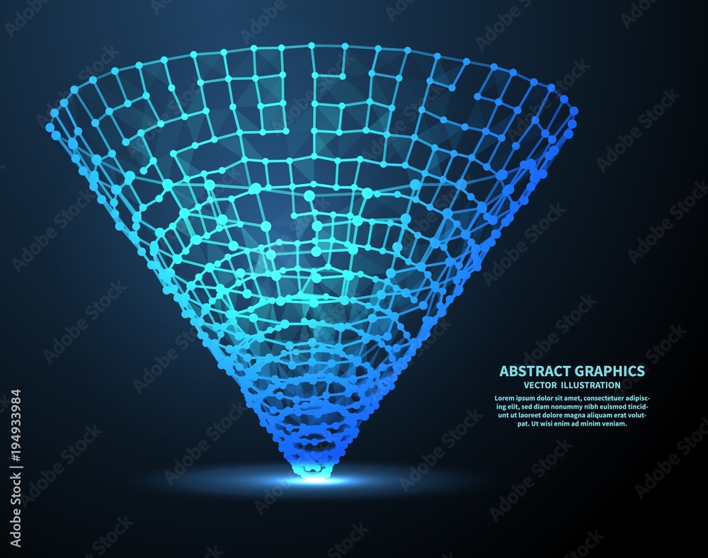 Digital funnel, vector illustration. Network connections with points ...